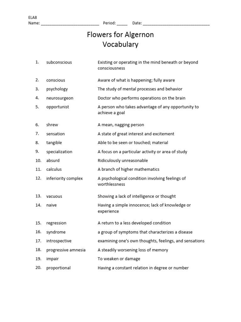 Vocabulary for "Flowers for Algernon" | PDF