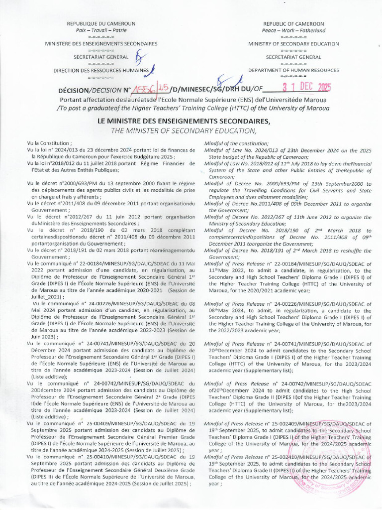 1556 25 Affectation ENS Maroua 31-12-2025 | PDF