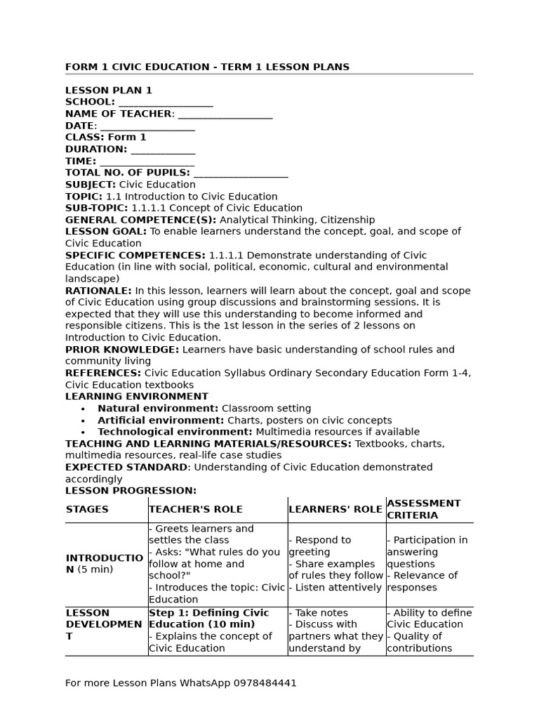 Form 1 Civic Education Lesson Plans | PDF | Lesson Plan | Learning