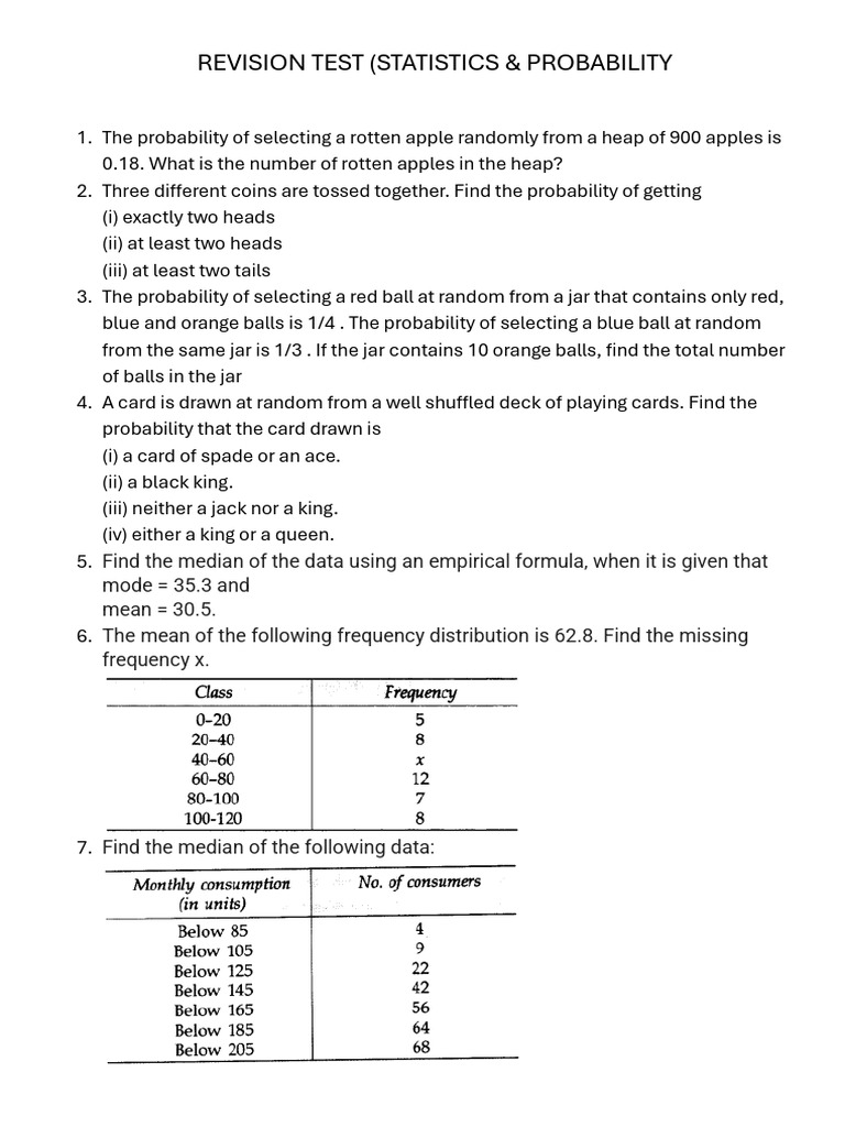 Revision Test (Statistics $ Probability) | PDF