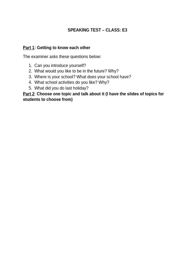 E3 Speaking Test Guide: Questions & Topics | PDF