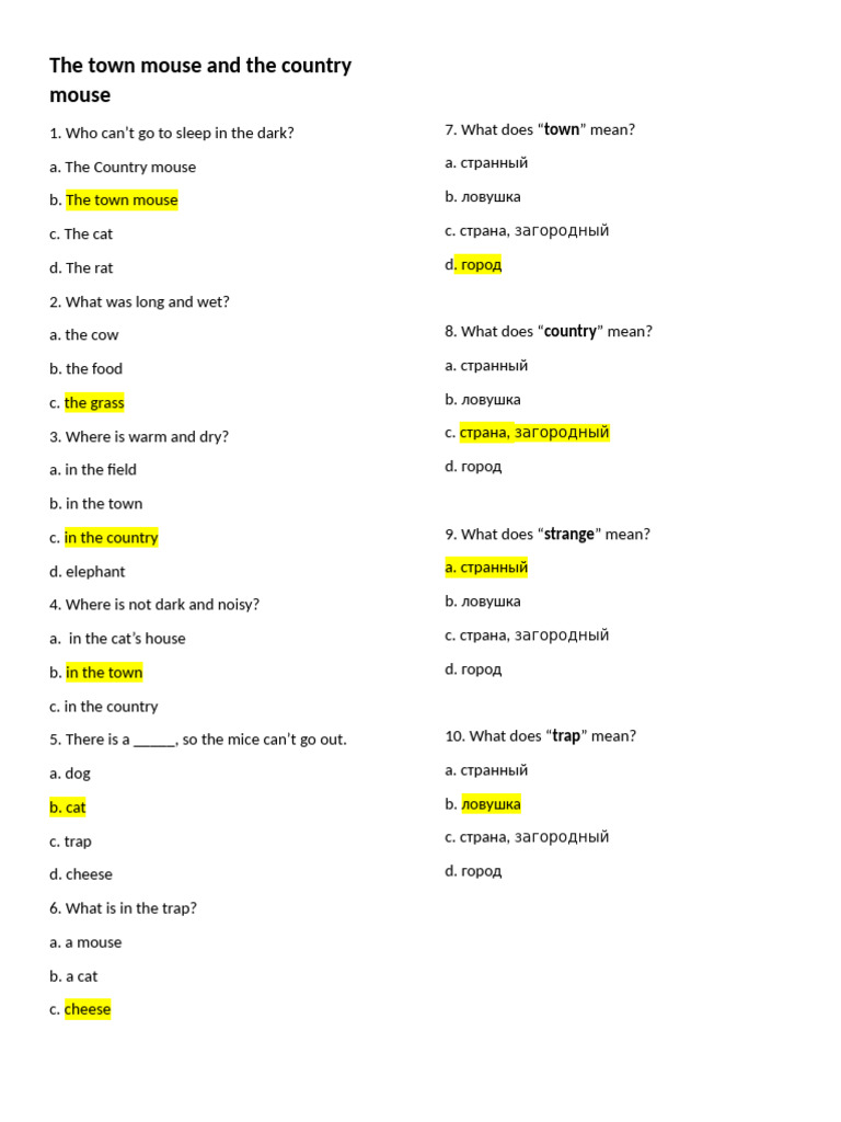 Town Mouse vs. Country Mouse Quiz | PDF