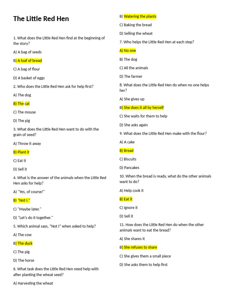 Little Red Hen Story Quiz and Lessons | PDF | Breads | Flour
