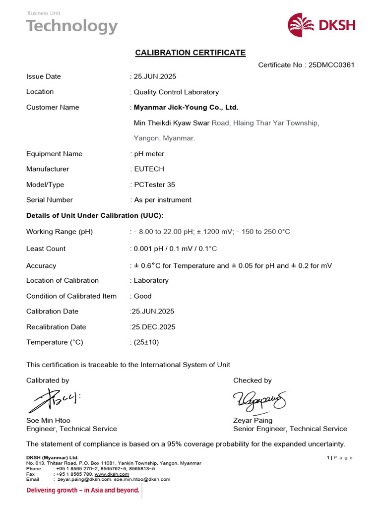 Calibration Report for pH Meter | PDF | Calibration | Quantity