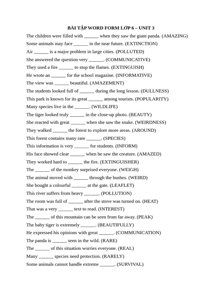 Word Form Exercises for Grade 6 Unit 3 | PDF | Tiger | Zoology