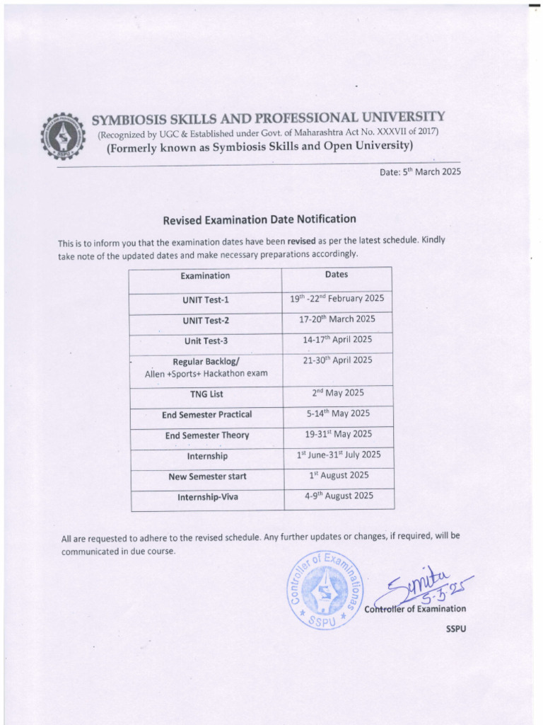 Revised Exam Dates Notification - Even Semester | PDF