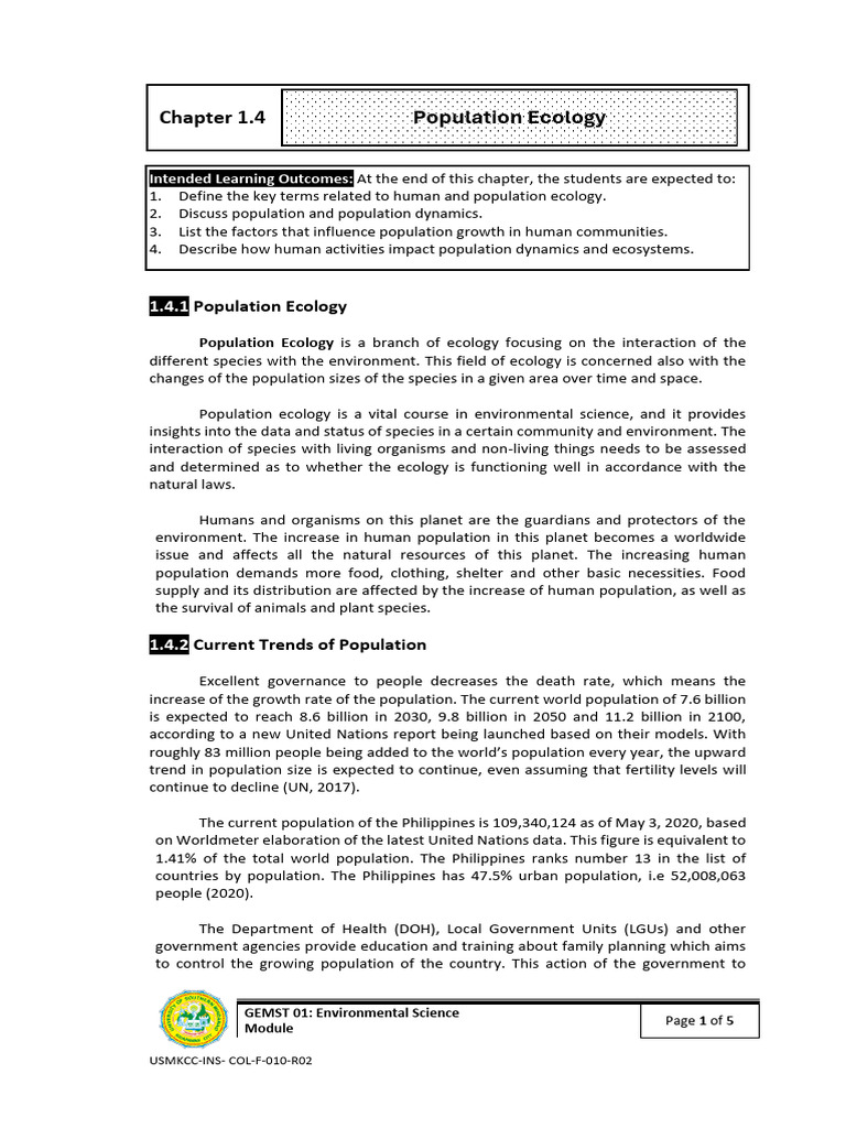 GEMST 01 Chapter 4 Population Ecology | PDF | Ecology | Population Growth