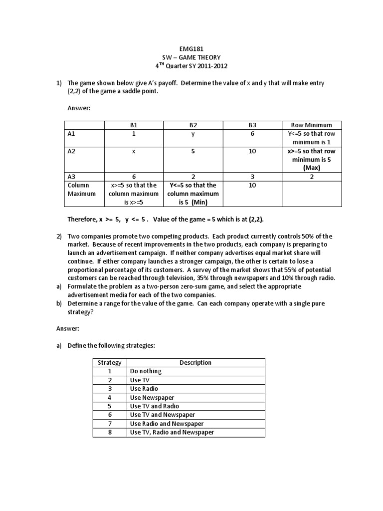 SW - Game Theory | PDF | Game Theory | Linear Programming