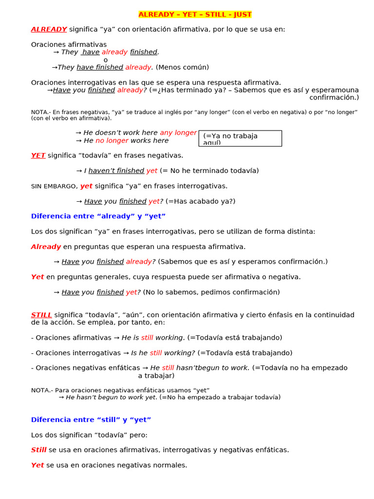 Already, Yet, Still, Just, Since, For | PDF | Lingüística