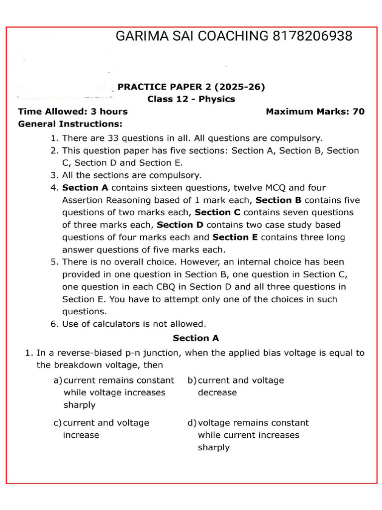 Xii Physics Practice Paper 2 (2025-26) | PDF