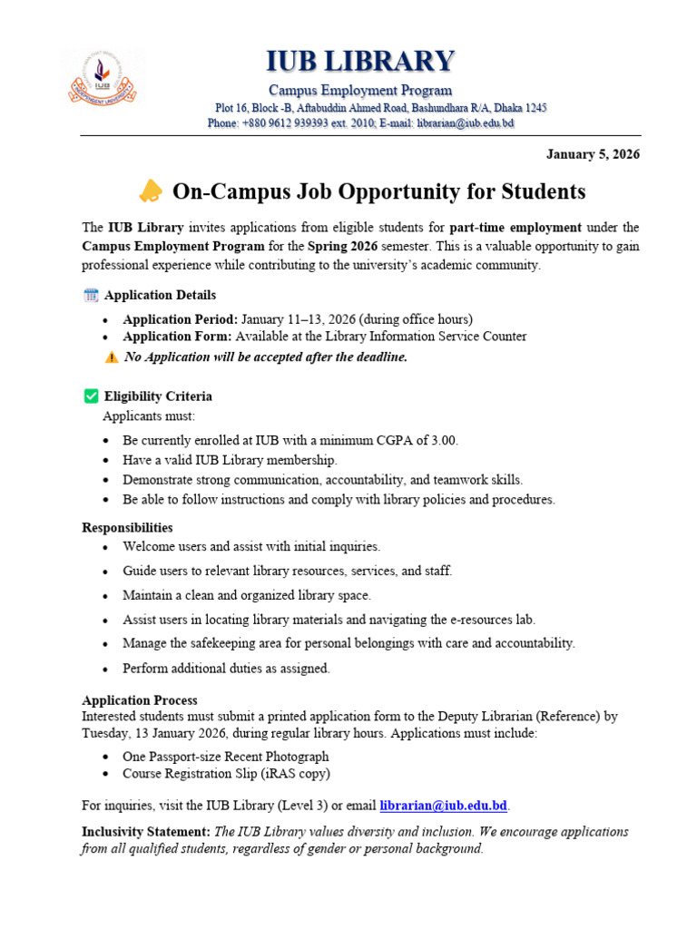 IUB Library Student Job Openings 2026 | PDF