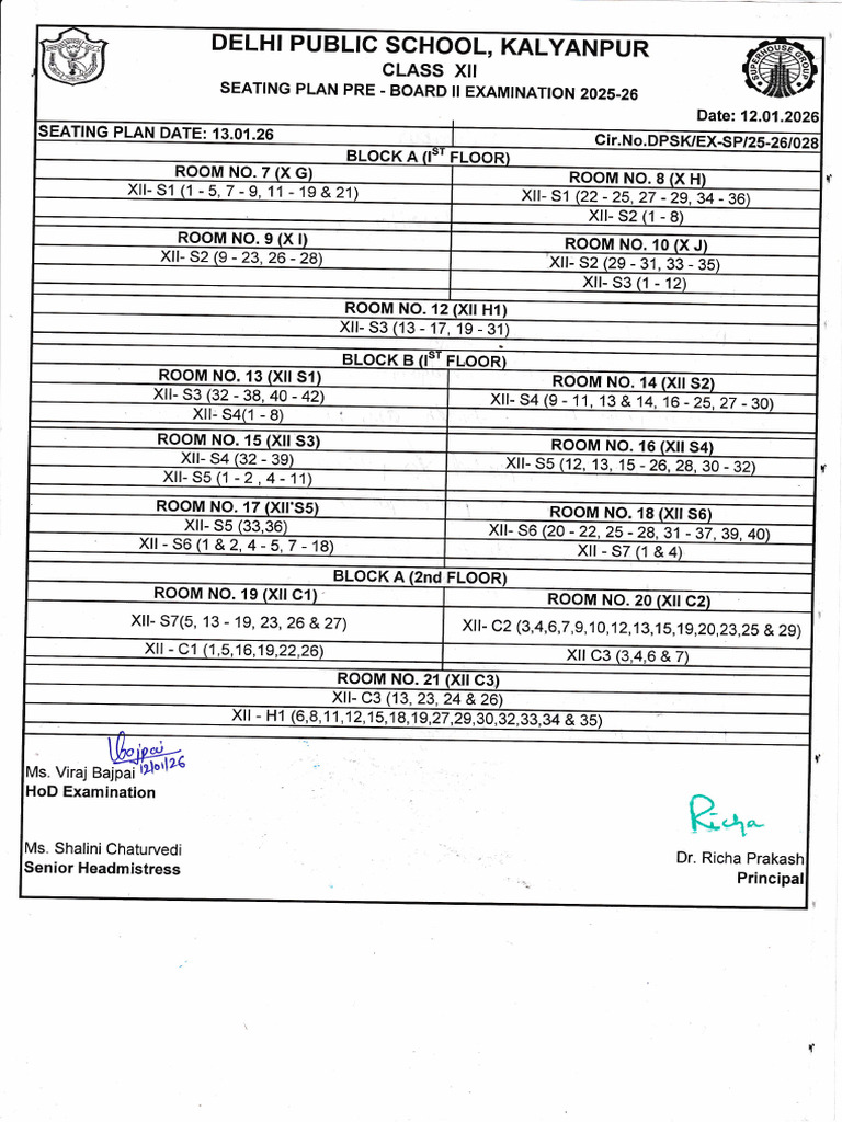13.01.2026 Seating Plan Pre-board | PDF