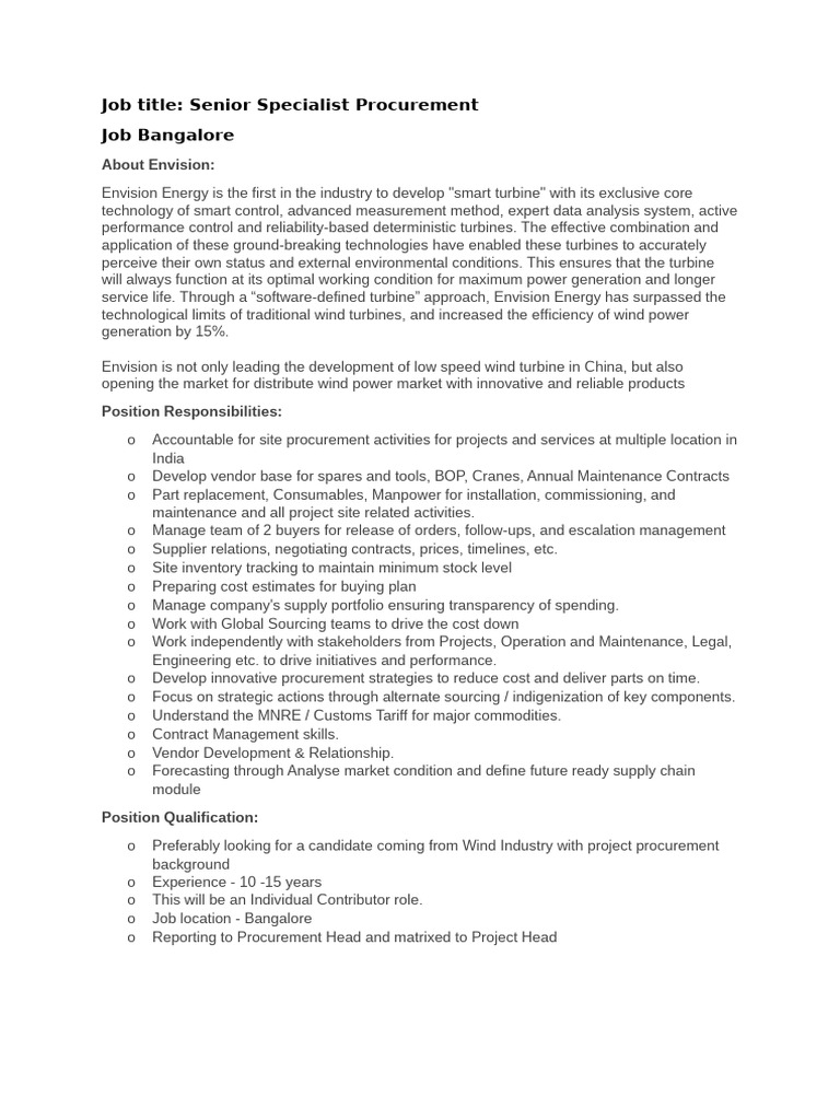 Senior Procurement Specialist in Bangalore | PDF | Procurement | Wind Power