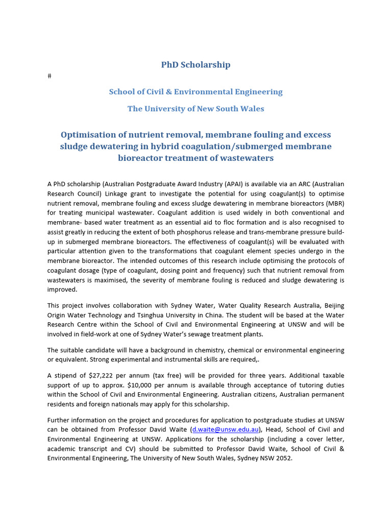 PhD Scholarship in Wastewater Treatment | PDF | Membrane ...