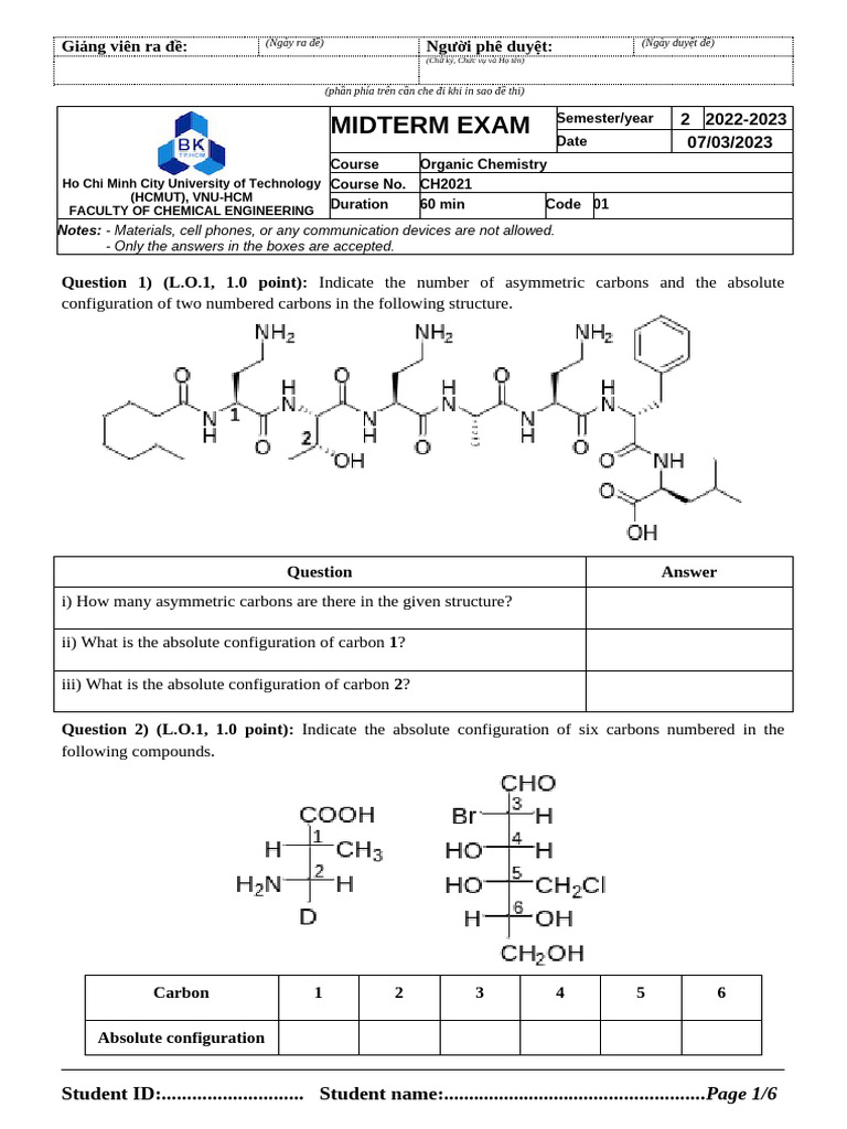 Organic Chemistry Midterm Exam Questions | PDF | Chemistry | Chemical ...