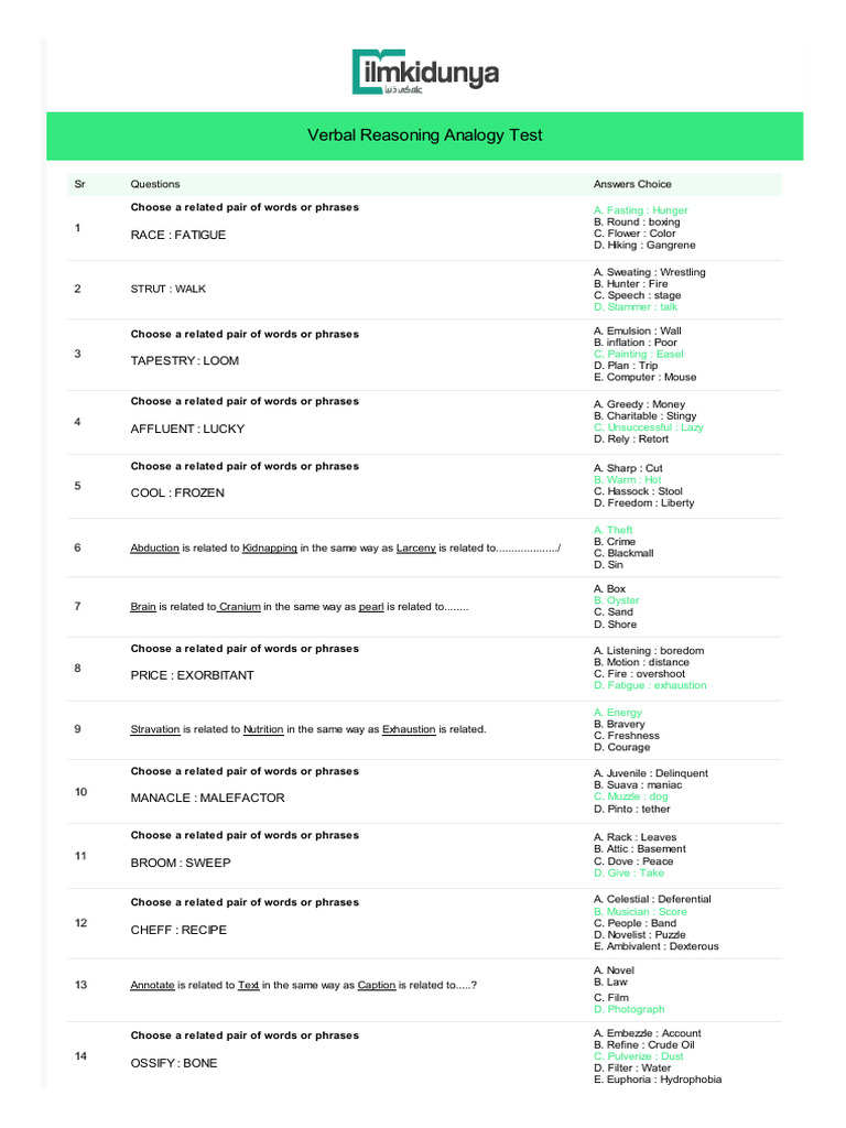 Verbal Reasoning Analogy Test Questions | PDF
