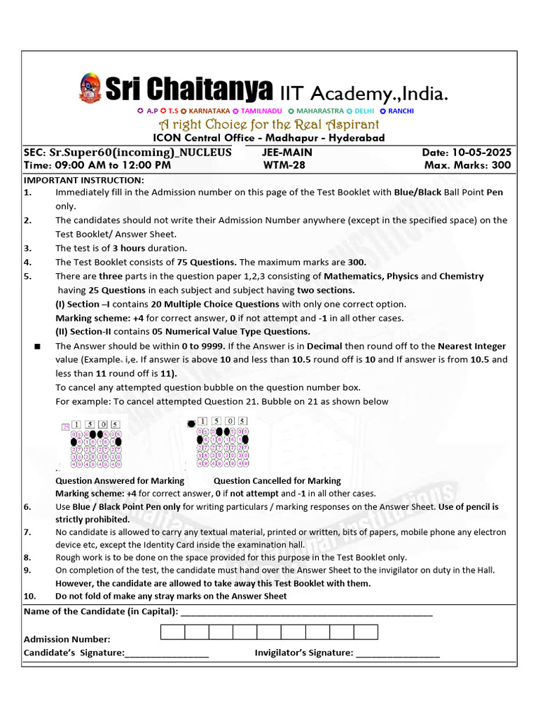 10-05-2025 Sr.super60(Incoming) NUCLEUS BT Jee-Main WTM-28 QPaper | PDF ...