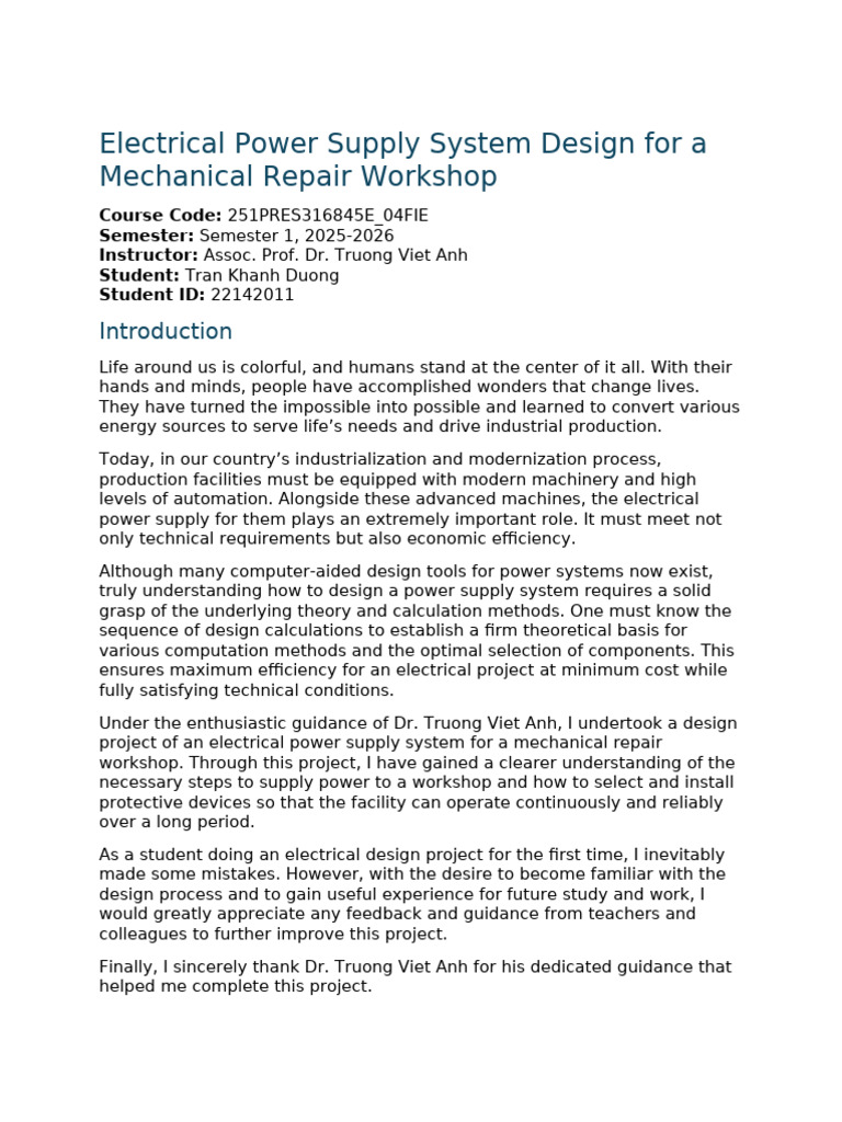 Electrical Power Supply System Design for a Mechanical Repair Workshop | PDF | Fuse (Electrical ...
