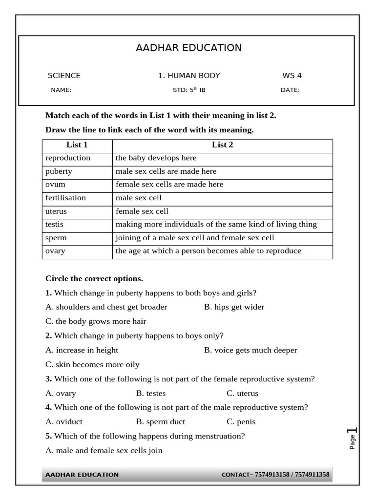 Class 5 Ch-1 Ws-4 | PDF | Reproductive System | Animal Anatomy