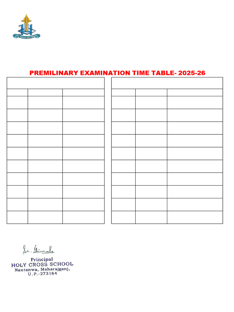 Holy Cross School Prelim Exam Timetable | PDF