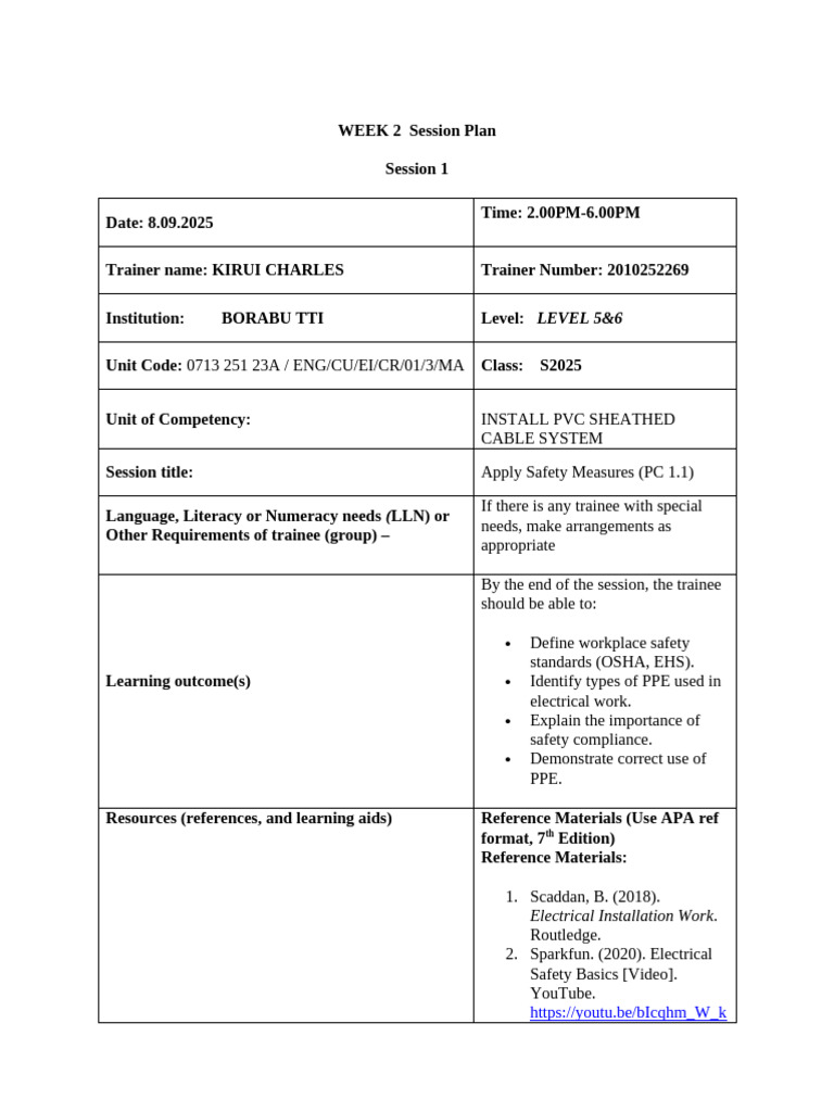 Install PVC Sheathed Cable System Installation Session Plan | PDF ...