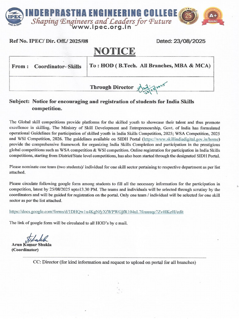 Notice For Encouraging and Registration of Students For India Skills ...