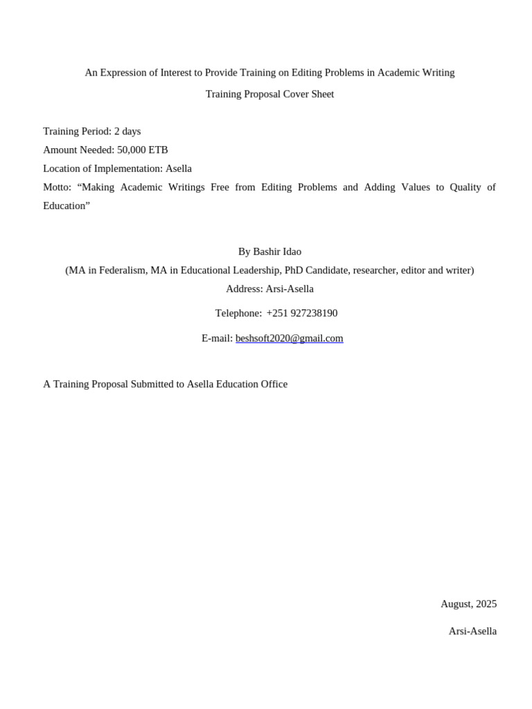 Asela Adminstrative Town Edu. Office Training Proposal Aug, 25, 2025 ...