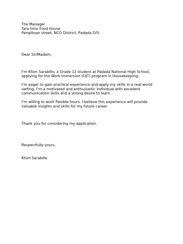 Work Immersion Application for Housekeeping | PDF
