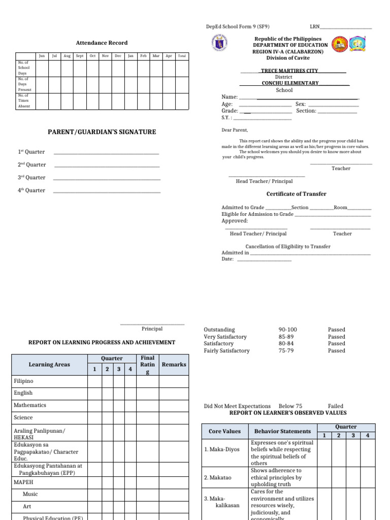 455061821 SF 9 ES Learner s Progress Report Card | PDF