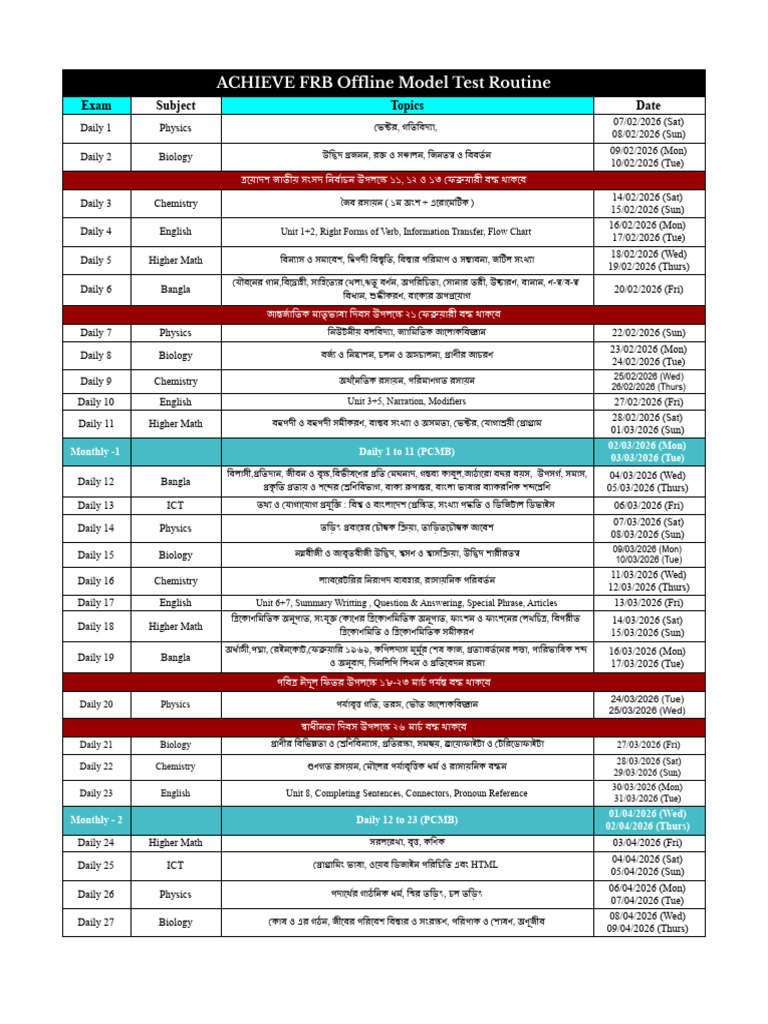 Achieve Hsc'26 FRB Routine-2026 | PDF