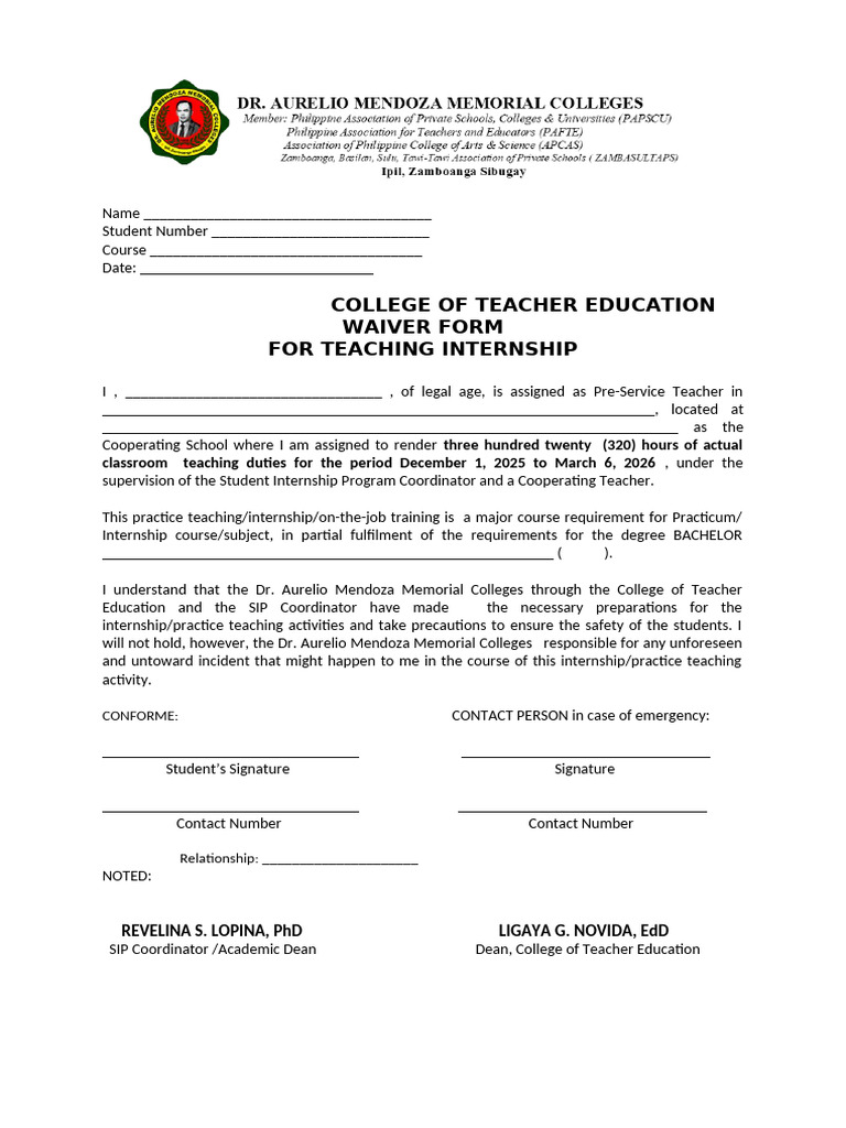 Teaching Internship Waiver Form | PDF