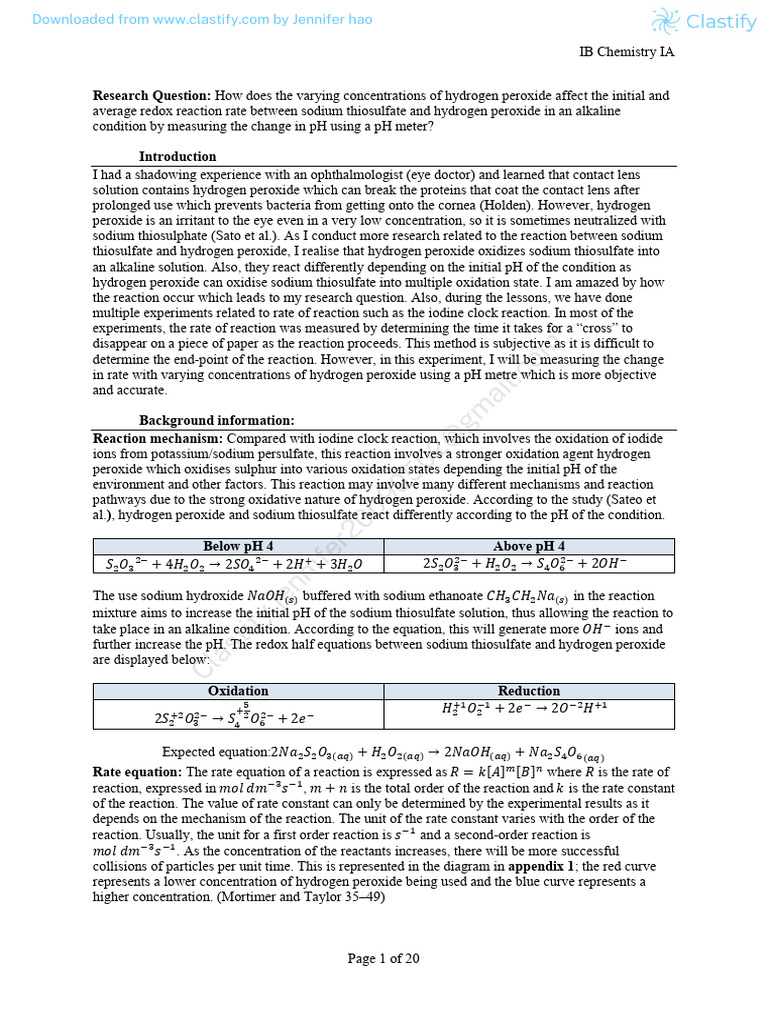 Hydrogen Peroxide Reaction Rate Study | PDF | Redox | Ph