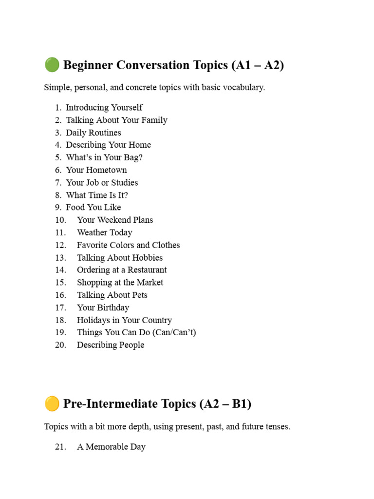 Essential Conversation Topics for ESL | PDF