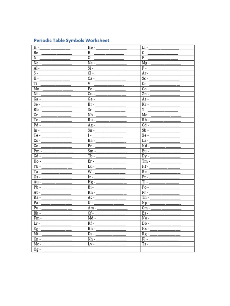 Periodic Table Symbols Practice Sheet | PDF | Metals | Materials