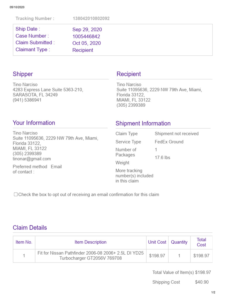 FedEx Claim for Missing Turbocharger | PDF