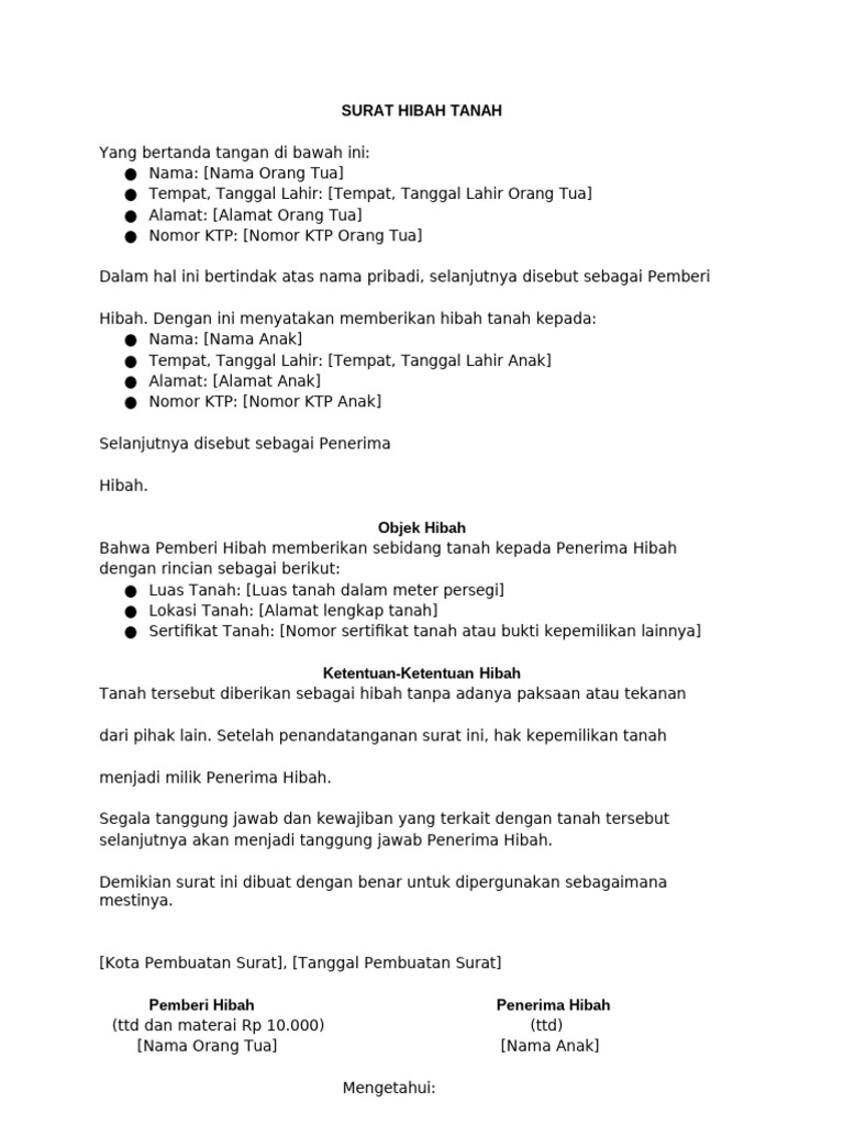 Surat Hibah Tanah untuk Anak | PDF