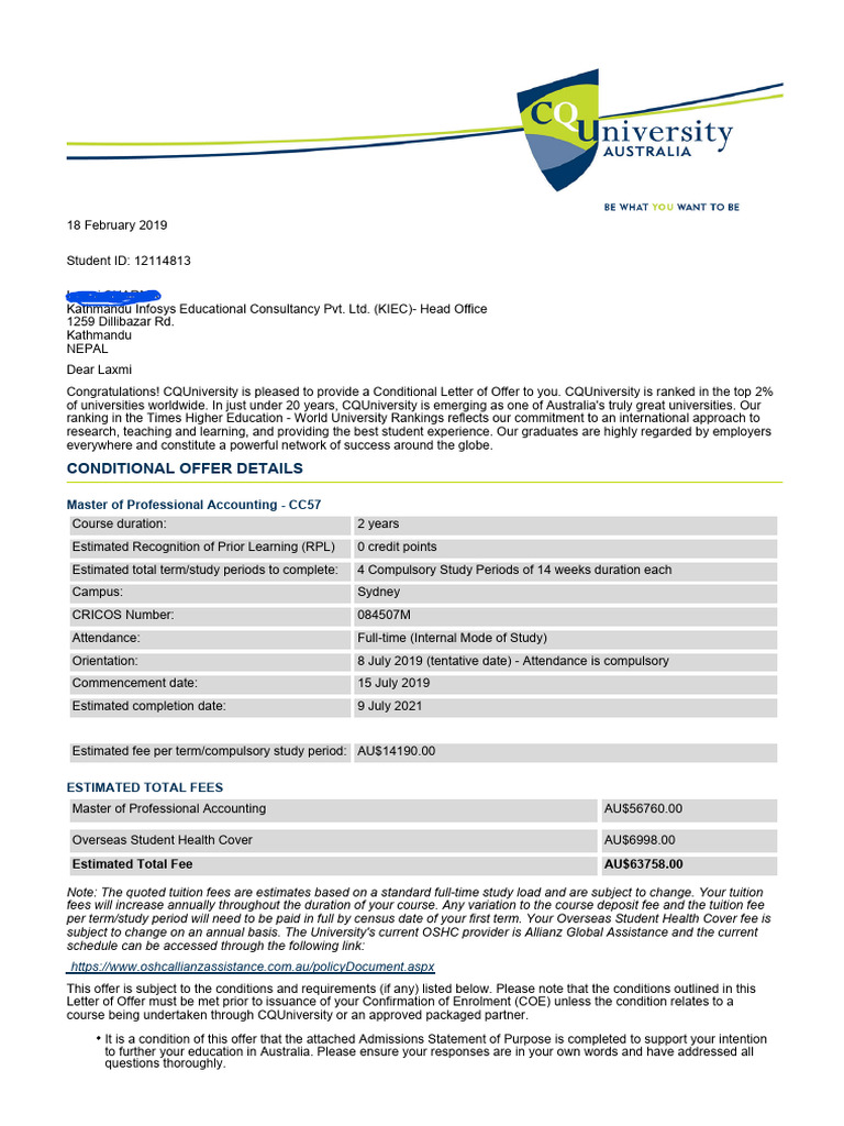 Letter Offer Sample CQU | PDF | Travel Visa