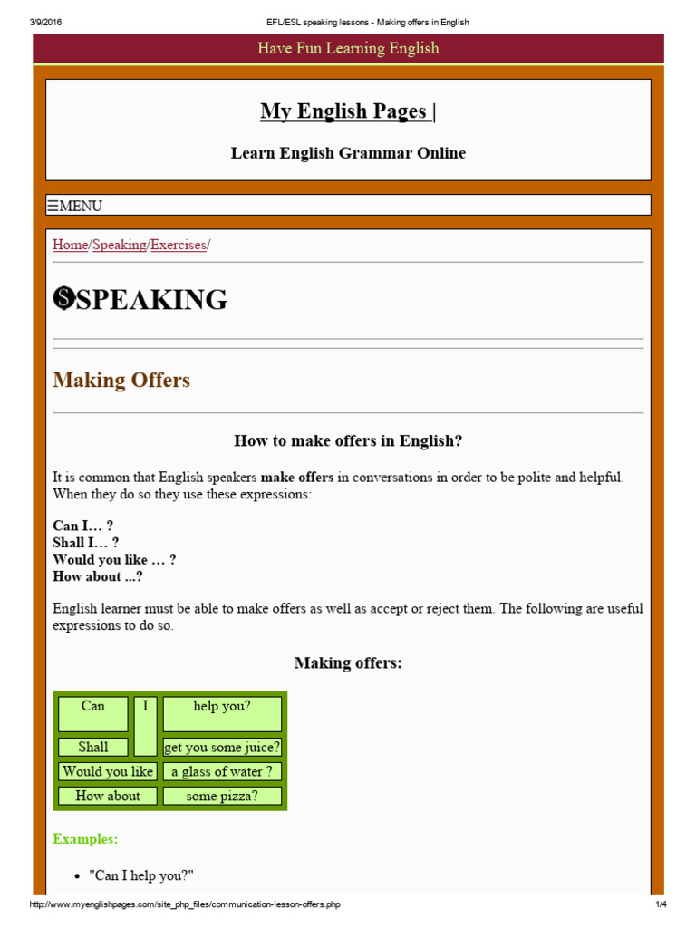 Making Offers in English Lessons | PDF | English As A Second Or Foreign ...