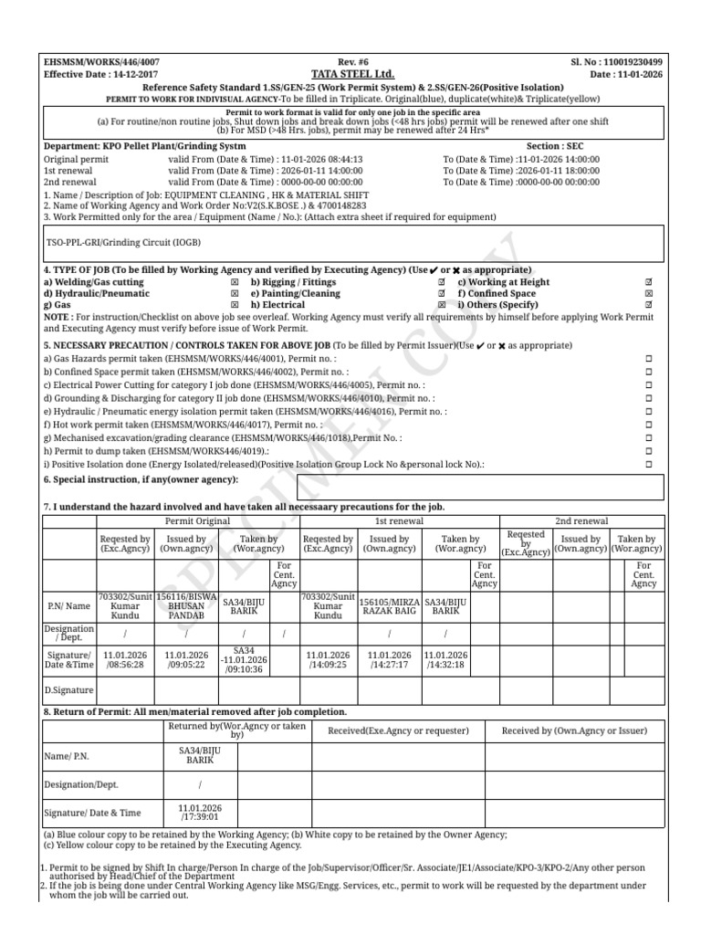TATA Steel Work Permit for Equipment Cleaning | PDF