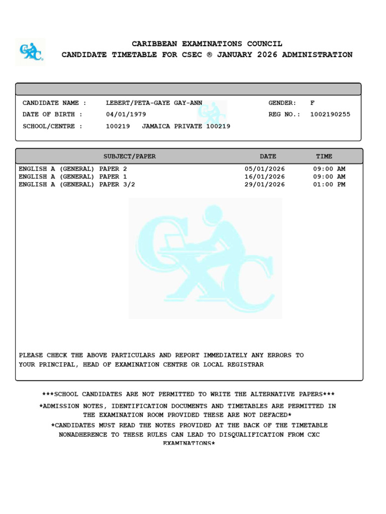 CXC CXC Timetable | PDF
