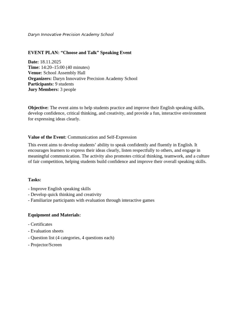 Choose and Talk Event Plan | PDF | Creativity | Critical Thinking