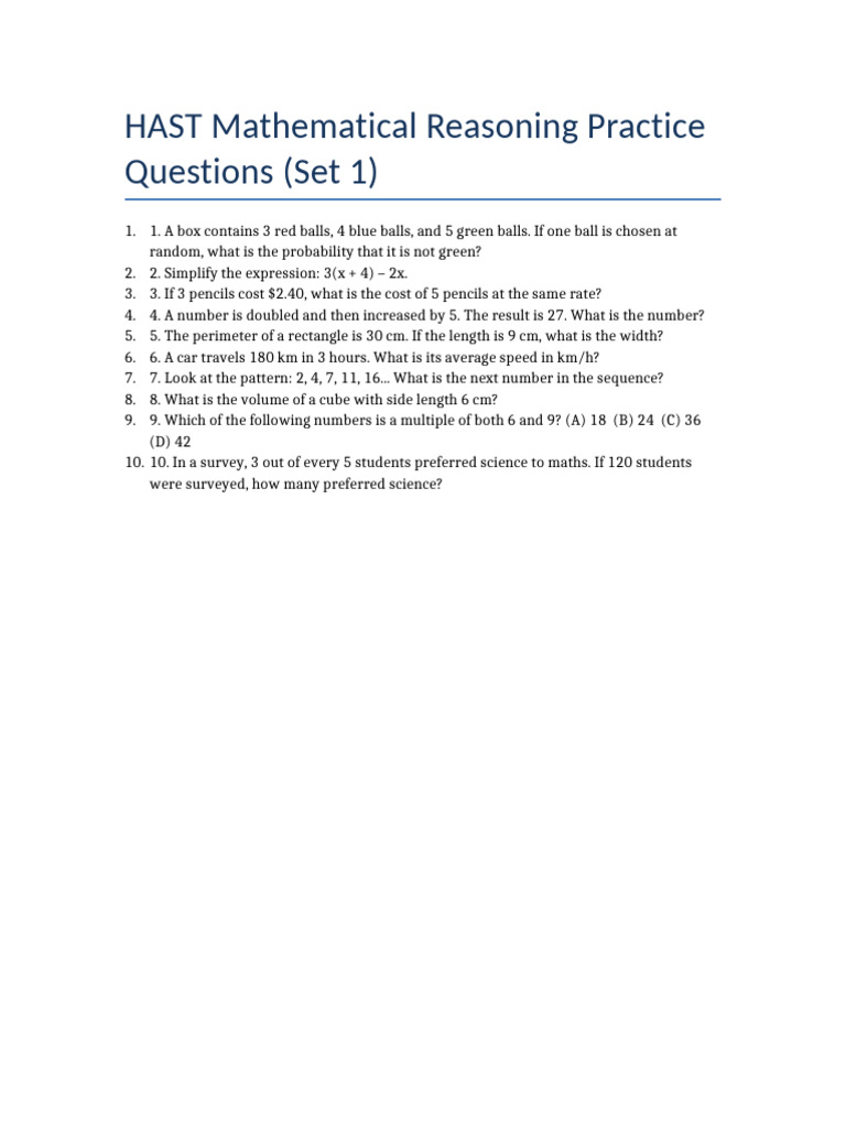 HAST Maths Practice Questions Set1 (2) | PDF