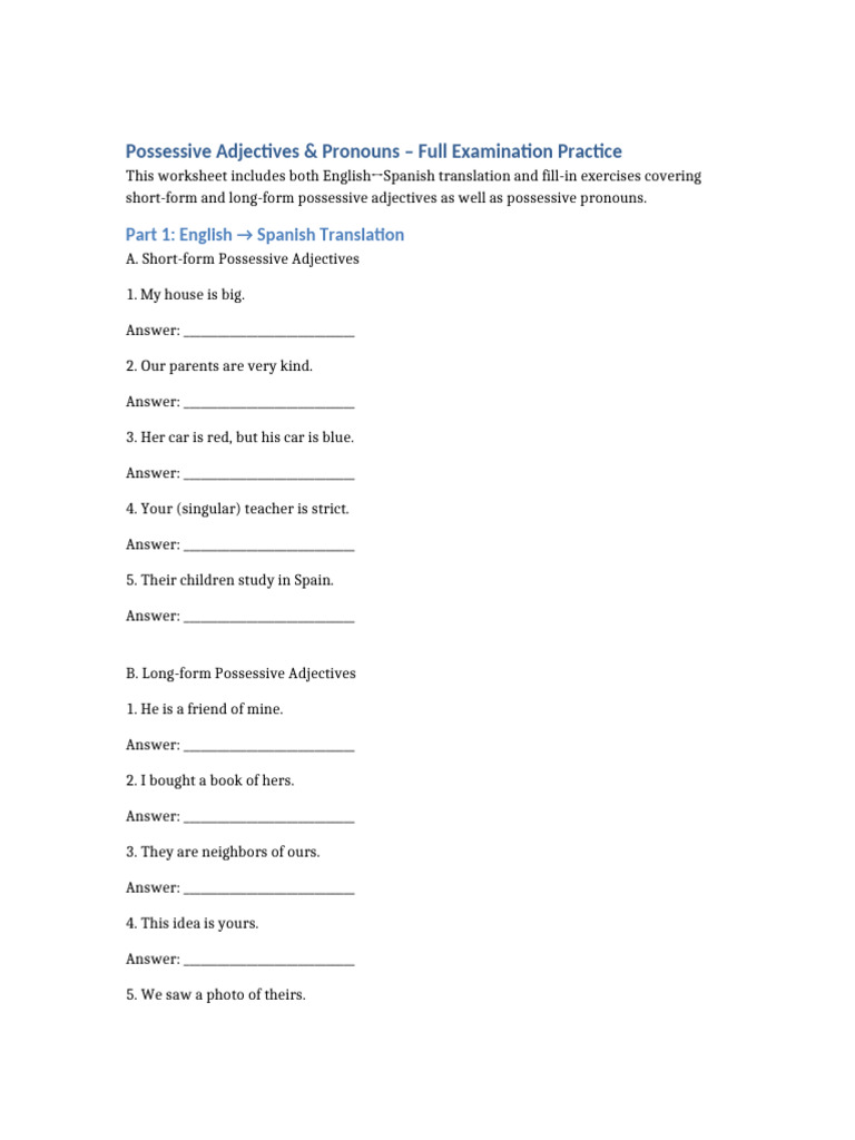 Possessive Adjectives & Pronouns Practice | PDF | Languages | Foreign ...