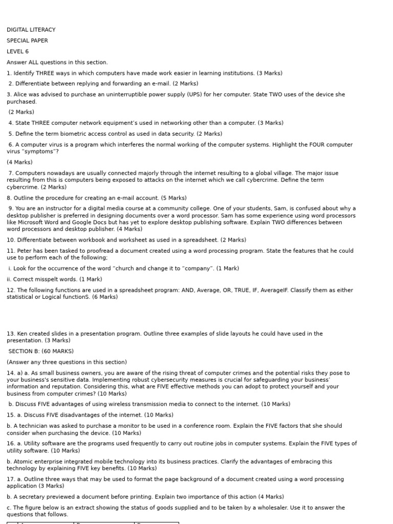 Digital Literacy Exam Questions and Topics | PDF | Word Processor ...