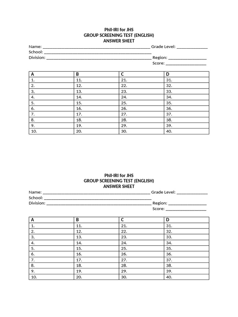 JHS English Group Screening Test Sheet | PDF