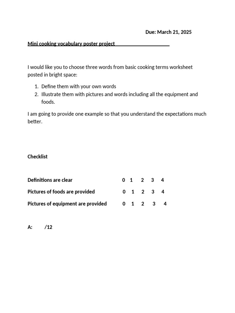 Mini Cooking Vocabulary Poster Project (1) | PDF