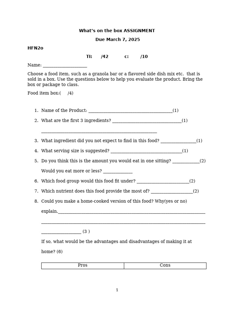 Nutrient Labels, What is the Box Assignment | PDF