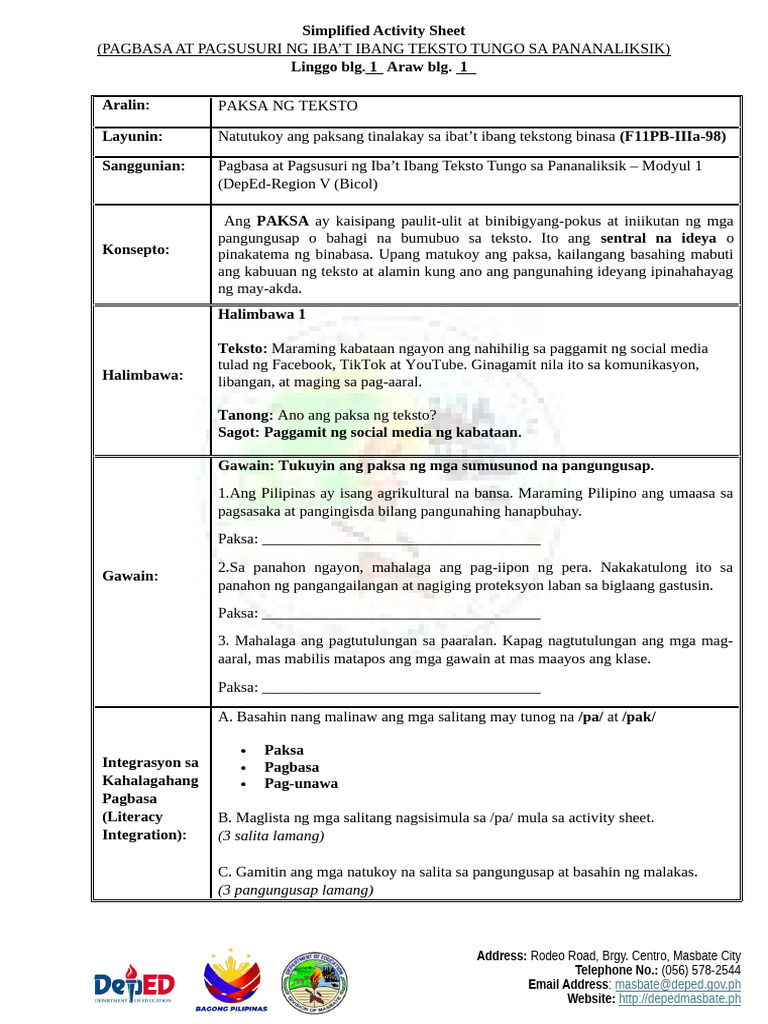 Simplified Activity Sheet FILIPINO 11 MODYUL 1 WEEK 1 | PDF