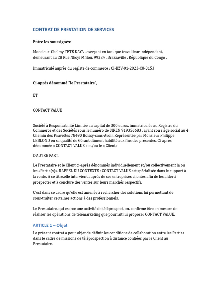 Contrat de Téléprospection entre Parties | PDF | Facture
