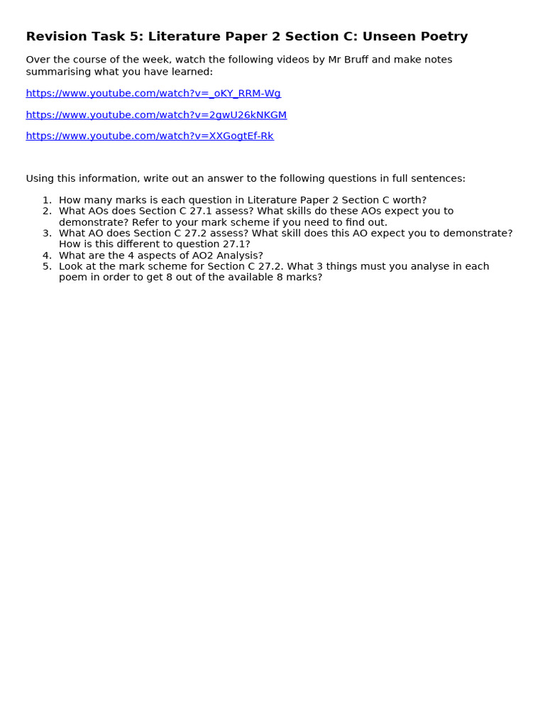 The Odyssey Revision Task 5 Unseen Poetry | PDF